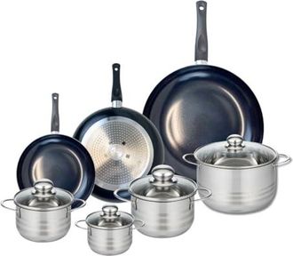 Fackelmann ELO 9745950 Batterie de cuisine 7 pièces, Ensemble de 3 Poêles de cuisson 20, 24 et 32 cm et 4 faitouts 12, 14, 16 et 20 cm Elo Prima Brillant, inox, 