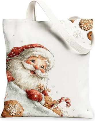 Generic Sacs fourre-tout en toile de No&euml;l, motif P&egrave;re No&euml;l vintage, sacs &agrave; provisions r&eacute;utilisables, mignons, festifs, l&eacute;gers, lavables &agrave; l&eacute;paule S, Blanc, 13