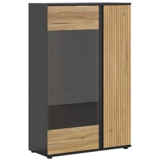 PEGANE Vitrine &agrave; 2 portes et d&eacute;cor lamelles,coloris Ch&ecirc;ne/Noir - Longueur 95 x Profondeur 39,5 x Hauteur 146 cm