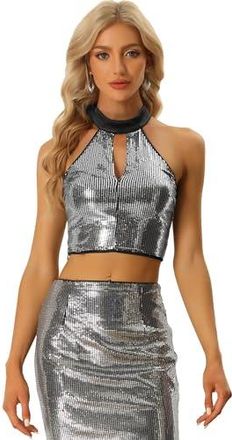 Allegra K Femmes Paillettes Col Licou Court Débardeur sans Manches À Col Licou Court Gilet Haut pour Soirée Club Party Argent Noir S