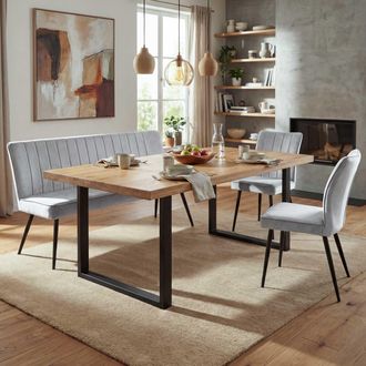 Mendler Esszimmer-Set HWC-K16, 2er-Set Stuhl+Sitzbank Esszimmergruppe Sitzgruppe Esszimmergarnitur, Samt Metall - hellgrau