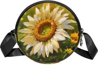 Generic Petit sac &agrave; bandouli&egrave;re circulaire pour femme, motif marguerites, sac &agrave; dos avec fermeture &eacute;clair, bretelles r&eacute;glables, sac &agrave; main rond d&eacute;contract&eacute; po