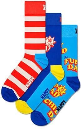 Happy Socks Lot de 3 paires de chaussettes unisexe Happy P&egrave;re de lann&eacute;e, orange, M-L UK, bleu, M-L
