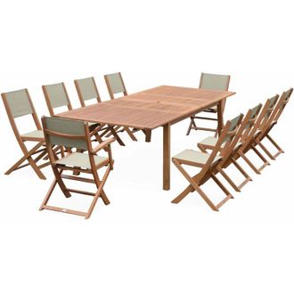 Sweeek Ausziehbarer Gartentisch aus Holz, 10 St&uuml;hle Holzfarben / Grau