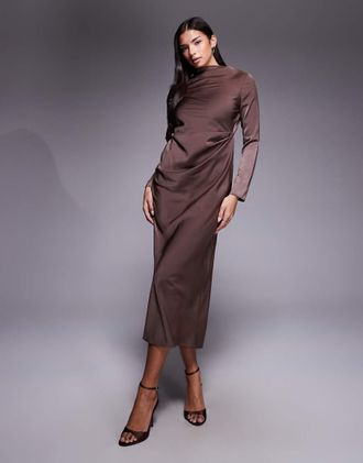 Asos Robe mi-longue fronc&eacute;e &agrave; col montant et manches longues - Chocolat-Brown