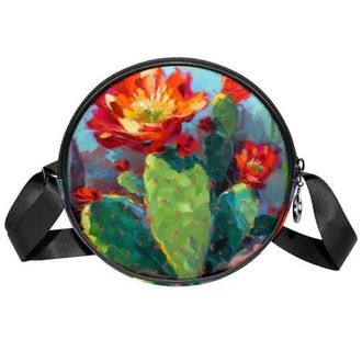 Generic Sac &agrave; bandouli&egrave;re rond pour femme, motif cactus rouge, petit sac &agrave; bandouli&egrave;re avec fermeture &eacute;clair, bretelles r&eacute;glables, sac &agrave; main rond d&eacute;contract&eacute;