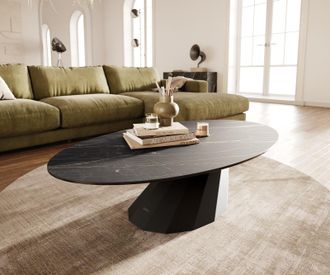 DELIFE Couchtisch Edge Oval 140x80 cm Keramik Laminam Noir Desir Braun Parabi Metall Schwarz, Couchtische