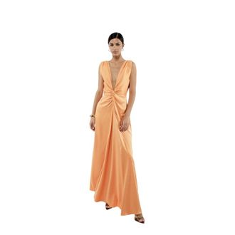 Actualee Femme, Robes, Orange, Taille: 42 FR Robe Longue Orange Sans Manches à Col en V