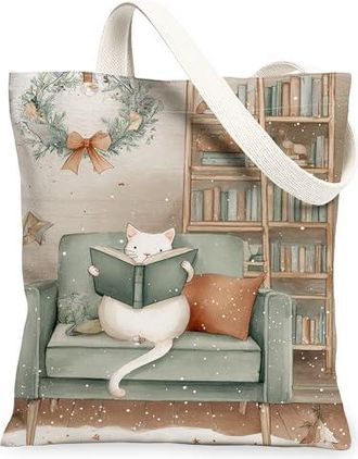 Generic Sac fourre-tout en toile motif chat dhiver, confortable, sac de courses r&eacute;utilisable, sac de courses saisonnier, vintage, l&eacute;ger et lavable, Vert, 13x1