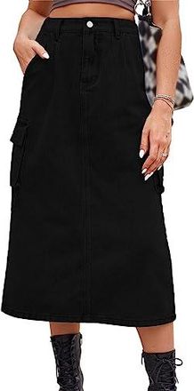 TOMWELL Jupe en Jean pour Femme Vintage Décontractés Été Midi Jupe Elastique Couleur Unie à Lacets Slim Jean Jupe C Noir S