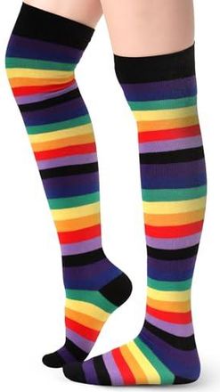Blulu Chaussettes au Genou Longues Rayées Chaussettes Hautes à Rayures Bas Rayés au Genou pour Femmes(Noir arc-en-ciel)