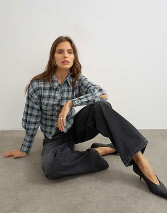 Topshop ensemble 2 pi&egrave;ces chemise &agrave; carreaux cintr&eacute;e bleu marine