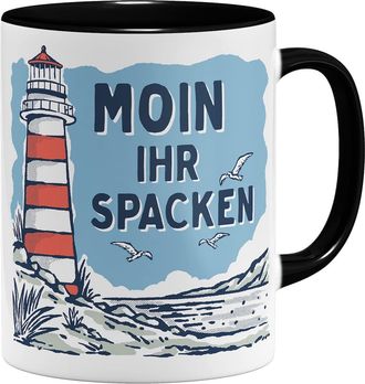 OM3 lustige Kaffee-Tasse mit Spruch - Moin Ihr Spacken - Slogan Leuchtturm Meer Küste - Keramik Becher - 11oz 325ml - Beidseitig Bedruckt - Schwarz