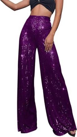 Generic Pantalon palazzo &agrave; paillettes taille haute pour femme, pantalon long pour f&ecirc;te, club, leggings larges, violet, 3XL