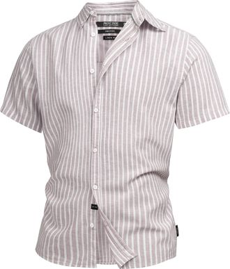 Indicode Herren INBravida Leinenhemd Kurzarm-Hemd mit Button-Down-Kragen | Herrenhemd Sommerhemd f&uuml;r M&auml;nner Greige, XL