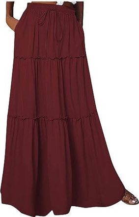 Generic Jupe longue dété fluide pour femme avec poches, taille élastique, design décontracté avec cordon de serrage, Rouge, XXL