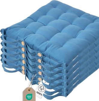 Homescapes 6er Set Stuhlkissen 40x40 cm blau - Sitzkissen Outdoor/Indoor mit Baumwollbezug, Sitzpolster waschbar und Oeko-TEX-Zertifiziert für Esszimmer-, Küchen