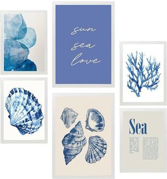 Nacnic Lot de 6 Peinture d&eacute;corative Marine, bleu, mer, &eacute;t&eacute; Feuille encadr&eacute;e avec illustration design pour d&eacute;corer les murs de maison bureau A3 & A4 Cadre bla