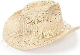 Generic Chapeau de soleil tiss&eacute; &agrave; la main en paille de cowboy avec bord roul&eacute; creux design unisexe style cha&icirc;ne de perles r&eacute;tro d&eacute;contract&eacute; respirant beige