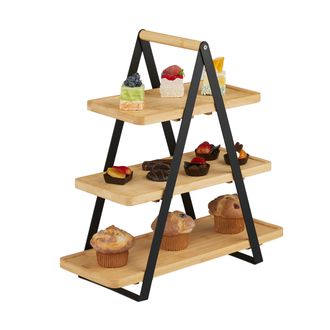 Relaxdays Etagere, 3 Etagen, Bambus, Metall, l&auml;nglich, Griff, Kuchen, HBT 42x41x16,5 cm, Servierst&auml;nder, Natur/schwarz