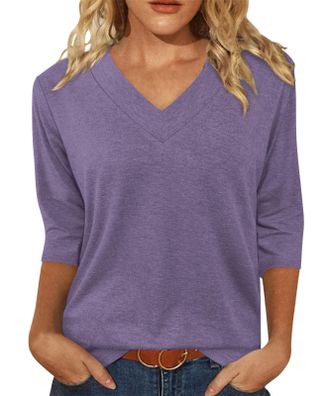Minetom T Shirt Damen 3/4 Arm V-Ausschnitt T-Shirt Sommer Oberteil Pullover Herbst Basic Shirts A Violett XXL