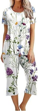 Generic Pyjama Femme Été Coton Ensemble De Pyjama Femme Ete Pyjama 2 Pièces Chemise Manche Courte Et Pantalon 3/4 Printemps Été Pour Femme Pyjama Fluide Impri