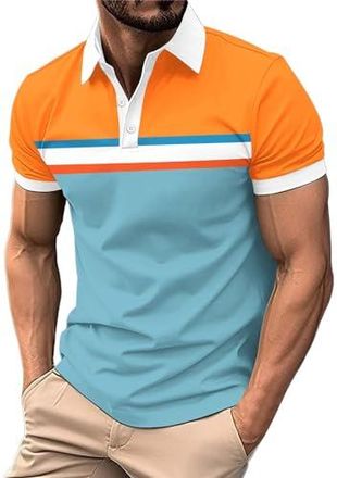 Generic T-shirt &agrave; col montant pour homme - Haut d&eacute;t&eacute; d&eacute;contract&eacute; &agrave; manches courtes et bouton &agrave; revers - Couleur unie - Grande taille, Orange, XXL