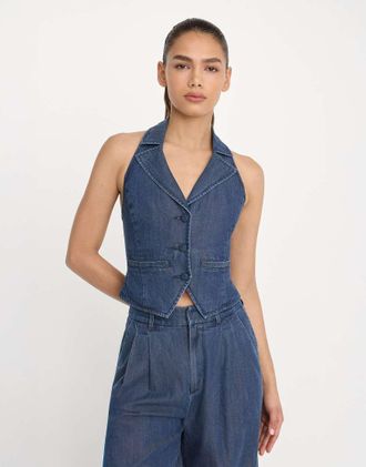 Good American Gilet de tailleur densemble luxueux en denim &agrave; dos nu - Indigo-Bleu marine