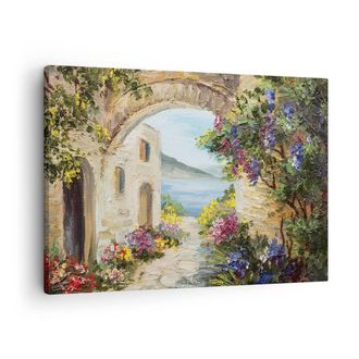 Arttor Bilder auf Leinwand Haus Santorini Blumen Leinwandbild 70x50cm Wandbilder Dekoration Wohnzimmer Schlafzimmer Küche Deko Klein Wanddeko Bild Wand Kunst