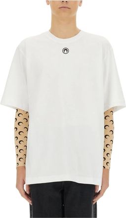 Marine Serre Homme, Tops, Blanc, Taille: L Moon Logo Jersey Loose Fit T-Shirt
