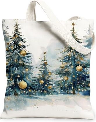Generic Sac fourre-tout en toile motif sapin de No&euml;l, motif for&ecirc;t dhiver, sacs d&eacute;picerie r&eacute;utilisables, vintage l&eacute;gers et lavables avec bandouli&egrave;re C, blanc, 