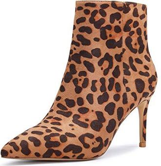 Castamere Femme Fermeture Eclair Bottines Bout Pointu Aiguille Haute Talon 8CM Marron L&eacute;opard Su&egrave;de Chaussures EU 36