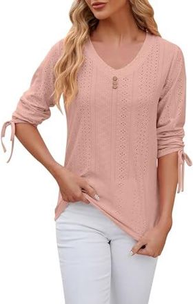 Generic Chemise unie à manches courtes pour femme - Chemisier à oeillets - T-shirt à manches mi-longues et col en V - Tendance - Évider - Solide - Décontracté