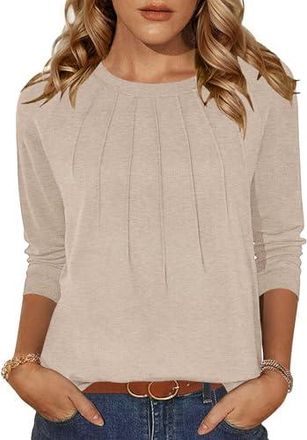 Zeagoo Chemisier Femme T-Shirts Manche Longue Chic Et Elegant Haut Col Rond Tunique Tee Shirt Décontracté Tshirt Beige XXL