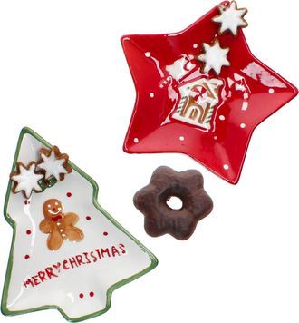 MamboCat Patisserie Weihnachten 2tlg Keksteller Set I kleine Teller aus Steingut I 1x Tannenbaum & 1x roter Stern I Gebäckteller, Plätzchen- & Snackteller I Ni