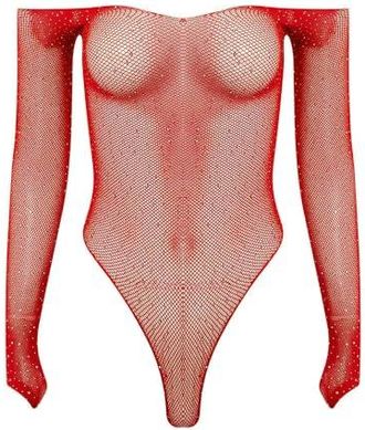 Generic YUJIEBB Justaucorps extensible &agrave; manches longues en r&eacute;sille avec strass brillants pour femme, Rouge, Taille unique