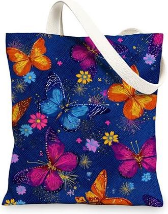 Generic Sacs fourre-tout en toile motif papillon coloré, sacs dépicerie réutilisables, légers et lavables, sacs en toile pour salle de sport, extérieur, voyag