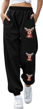 Generic Pantalon de costume de Noël amusant pour femme, imprimé de Noël taille haute avec motifs renne et bonhomme de neige, pantalon de survêtement ample à t