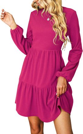 Cupshe Damen Kleid Rundhals Langarm Volantsaum A Linien Herbst Winter Rippstruktur Kurze Minikleid Freizeitkleider Tiered Mini Dress Knallpink XL