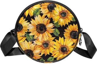 Generic Sac &agrave; bandouli&egrave;re rond pour femme, petit sac &agrave; bandouli&egrave;re r&eacute;tro jaune tournesols avec fermeture &eacute;clair, bretelles r&eacute;glables, sac &agrave; main rond d&eacute;contra