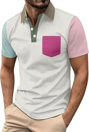 Generic Polo de couleur contrast&eacute;e pour homme avec demi bouton - Manches courtes - Style d&eacute;contract&eacute; - Col polo surdimensionn&eacute; - Confortable - Respirant - Pou