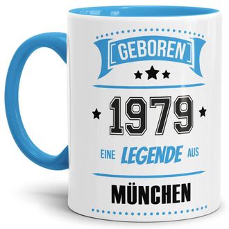 Tassendruck Geburtstags-Tasse Geboren 1979 Eine Legende aus M&uuml;nchen Innen & Henkel Hellblau/Geschenk/mit Spruch/Mug/Cup/Becher/Qualit&auml;t Made in Germany