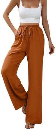 Generic Pantalon en lin pour femme - Long - D&eacute;contract&eacute; - A&eacute;r&eacute; - Jambes larges - Pantalon en lin - Taille haute - Avec cordon de serrage - Couleur unie - Avec