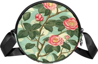 Generic Petit sac &agrave; bandouli&egrave;re rond pour femme, imprim&eacute; cam&eacute;lia, sac &agrave; dos avec fermeture &eacute;clair, bretelles r&eacute;glables, sac &agrave; main rond d&eacute;contract&eacute; pour femme