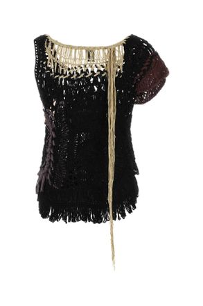 Dries Van Noten Womens Black Crochet Top Exterior: Cotton Maglie Sweater