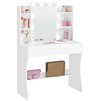 Yaheetech Schminktisch mit Beleuchtung und Spiegel, 10 LED-Lichtkugeln, 3 Einstellbaren Farben und 9 Lichtmodi, Frisiertisch mit Gro&szlig;e Schublade, 4 Oberen Ablag