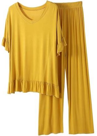 Generic Pyjama Satin Ensemble Pyjama pour Femmes, Haut à Manches Courtes et Pantalon Long Nuisette Femme Sexy Satin Pyjama Femme Ensemble (Yellow, XXL)
