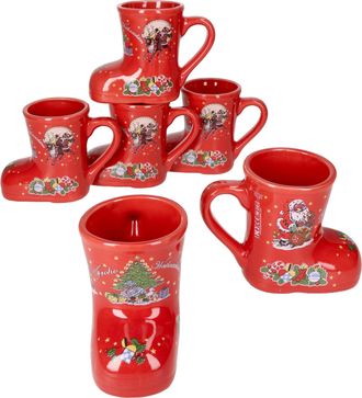 MamboCat 6er Set Gl&uuml;hweinstiefel rot mit Henkel I 200ml geeicht I Gl&uuml;hweinbecher mit Weihnachtsdekor & Schriftzug f&uuml;r 6 Personen I Keramik-Tasse f&uuml;r Tee, Eierl