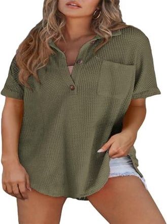 Generic Haut en tricot gaufr&eacute; pour femme, chemises Henley, manches courtes, col en V, tunique d&eacute;contract&eacute;e de couleur unie, boutonn&eacute;e &agrave; manches courtes pour f