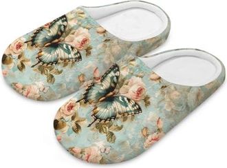 Coloranimal Pantoufles de spa pour femme - Pantoufles dint&eacute;rieur en vrac antid&eacute;rapantes &agrave; bout ferm&eacute;, Papillon rose vintage, 35.5/36.5 EU